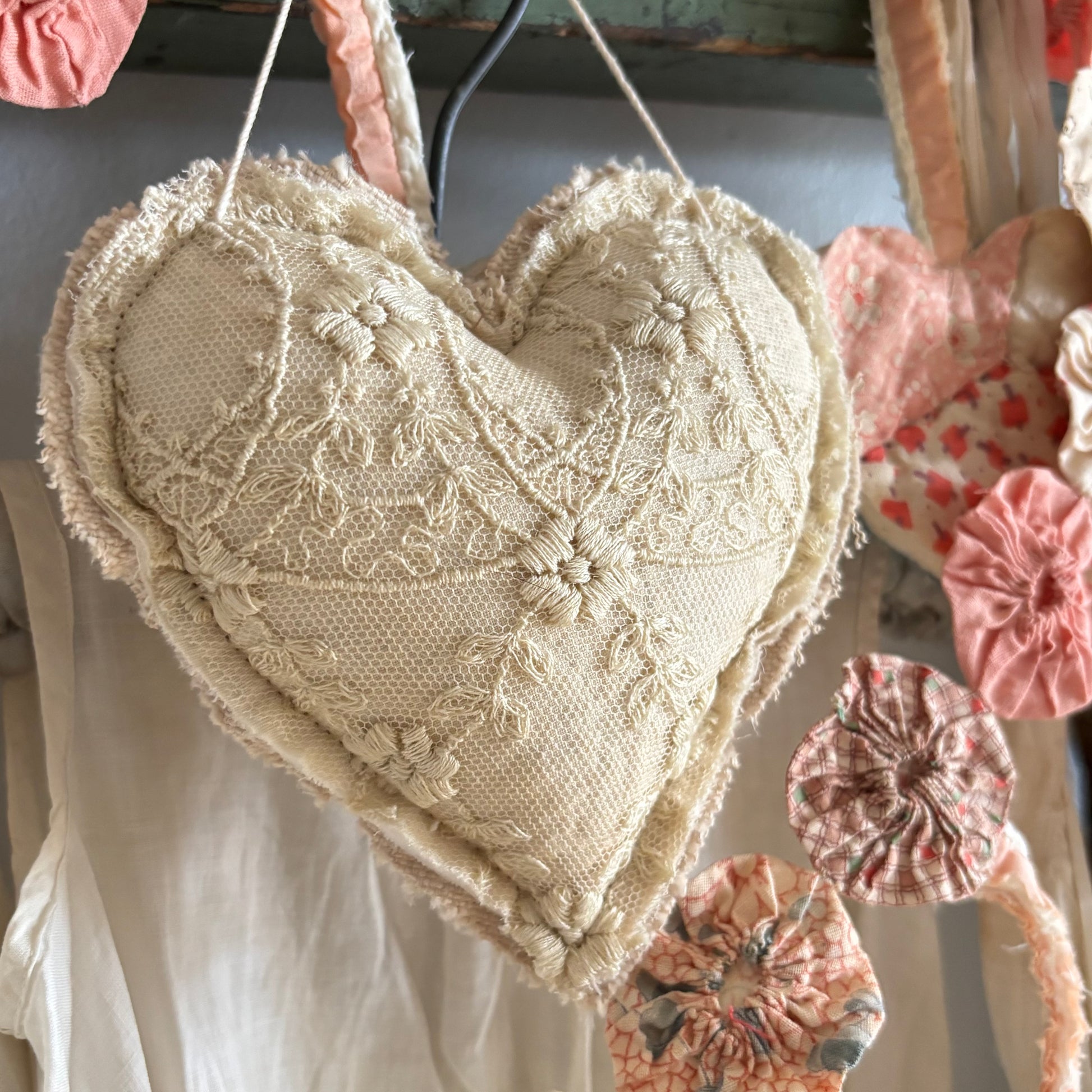 Antique lace hanging heart – The Halsey Homestead