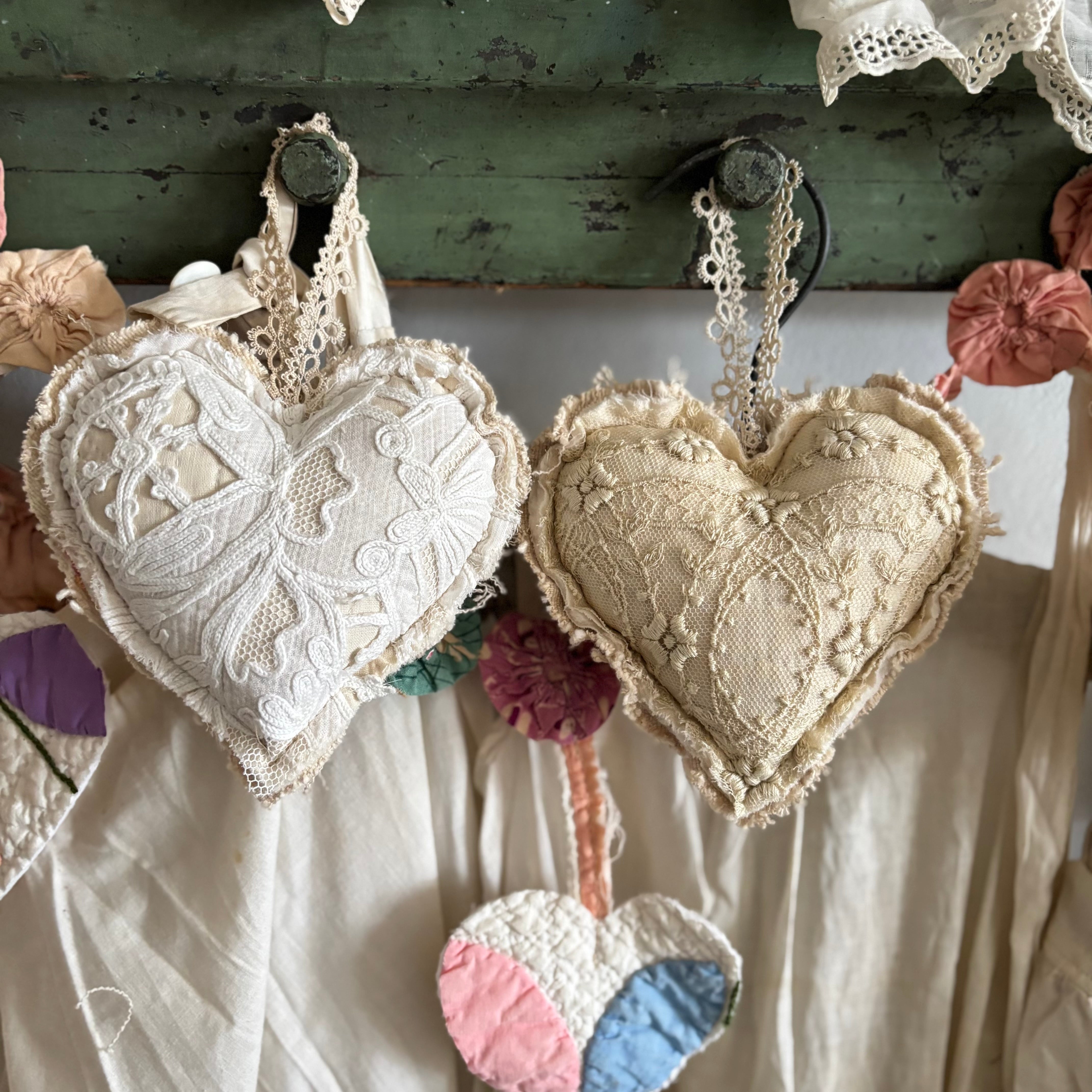 TWO Antique lace hanging hearts – The Halsey Homestead