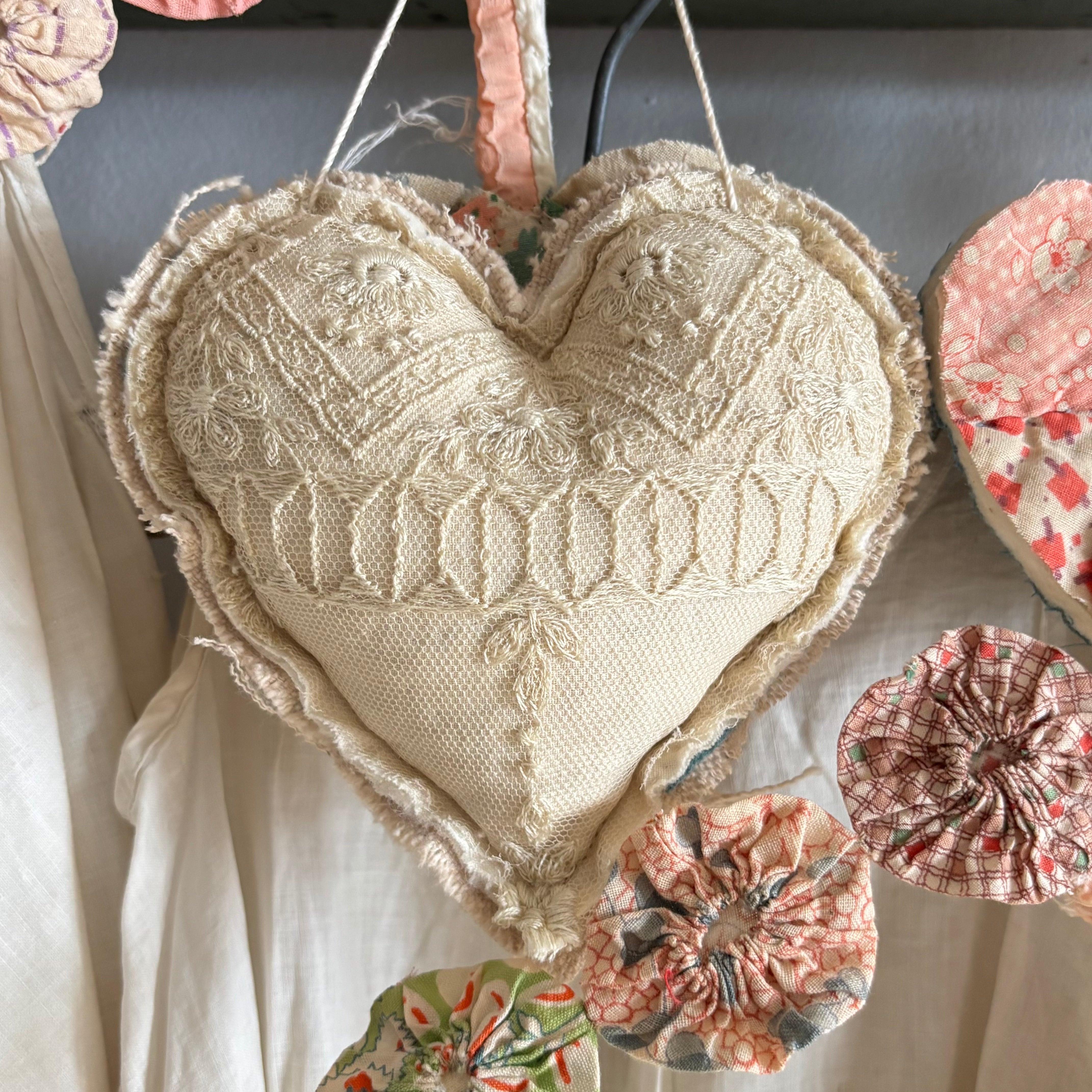 Antique lace hanging heart – The Halsey Homestead